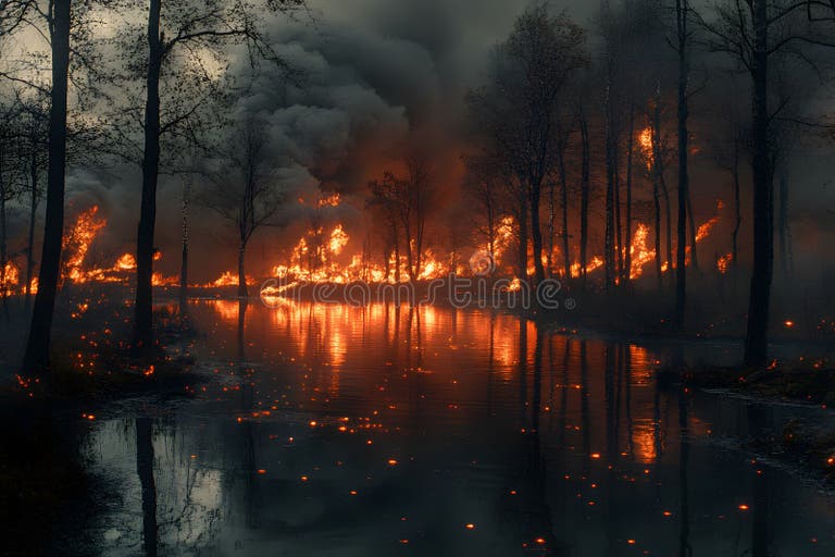 Forest Fire Reflection on Water Dramatic Environmental Impact Scene ...