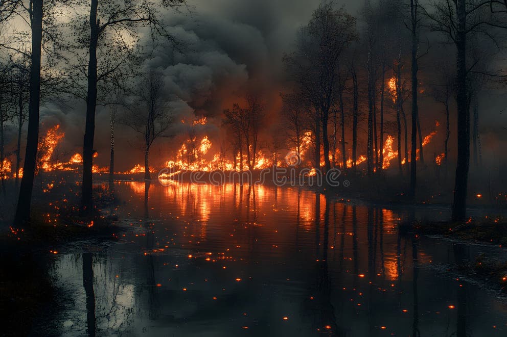 Forest Fire Reflection on Water Dramatic Environmental Impact Scene ...