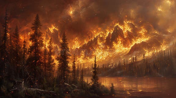 Forest Fire Scene in the Mountains Stock Image - Image of flames ...