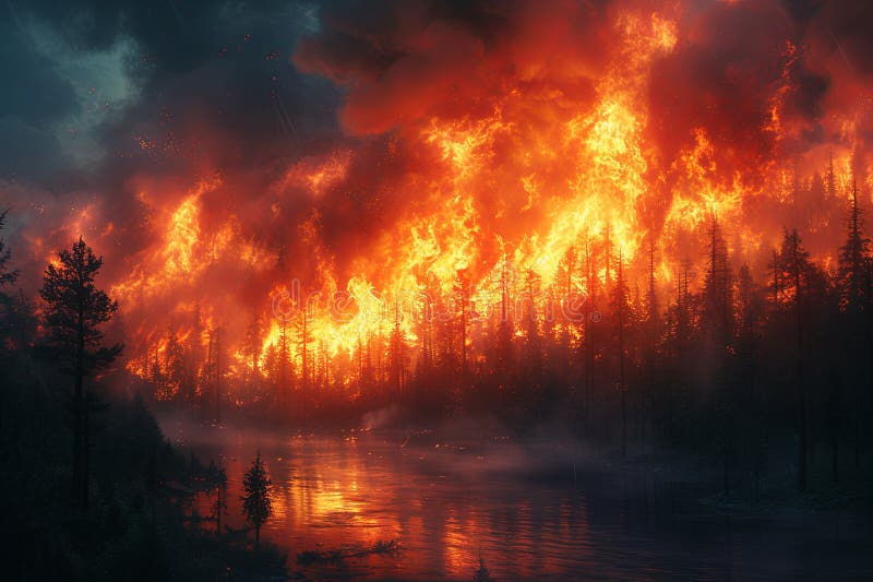Forest Fire with Smoke and Flames Billowing into the Dark Sky Stock ...
