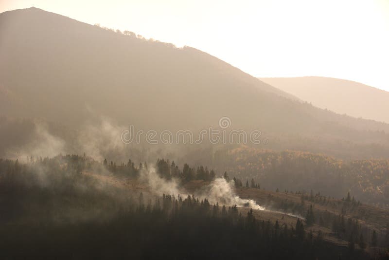 Forest Fire Smoke on the Slopes Hills Stock Photo - Image of damage ...