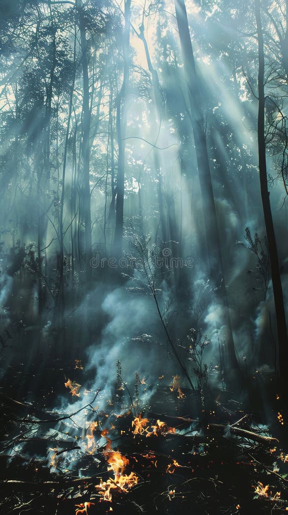 Forest Fire with Smoke and Sunlight Rays, Environmental Disaster ...