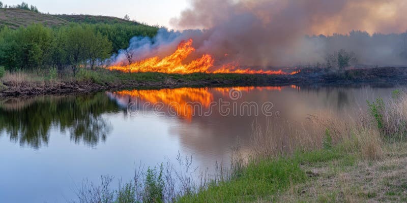 Forest Fire Spreading Near River with Smoke and Flames Reflecting in ...