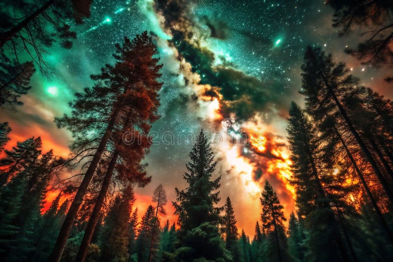 Forest Fire, Starry Night Sky, Colorful Sunset, Looking Up at Trees ...