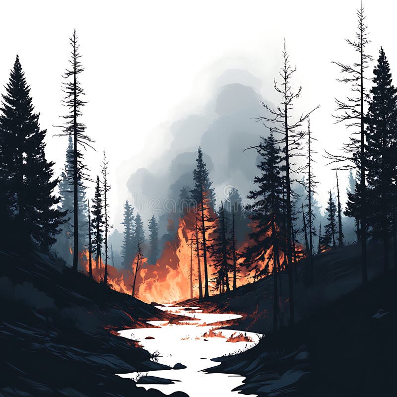 Forest Fire with Stream of Water Running through it Stock Illustration ...