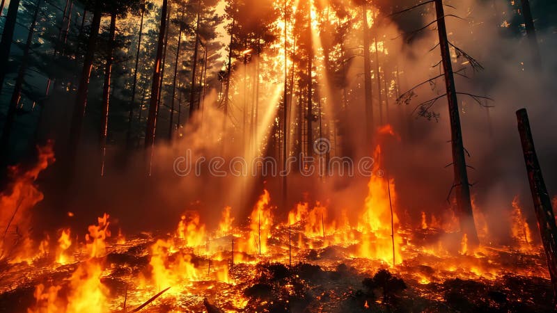 Forest Fire with Sunlight Streaming through Trees, Nature Disaster ...