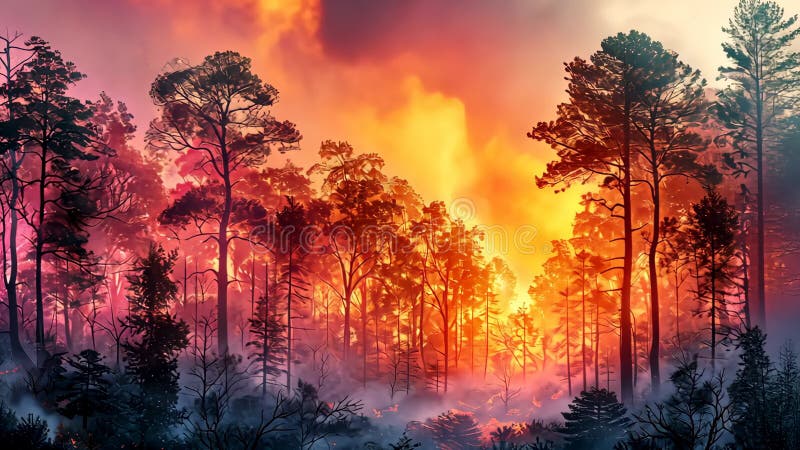 Forest Fire at Sunset, Dramatic View. Environmental Disaster and ...