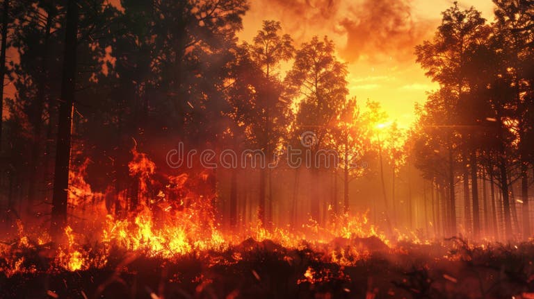 Forest fire at sunset stock photo. Image of nature, woods - 312480460