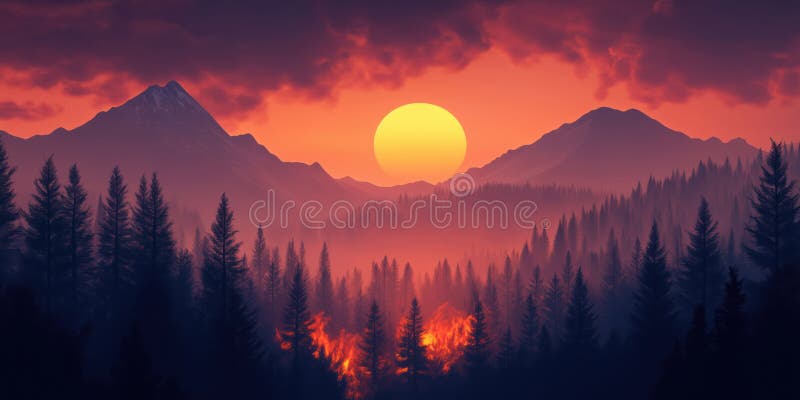 Forest Fire at Sunset with Majestic Mountains and Silhouetted Pine ...