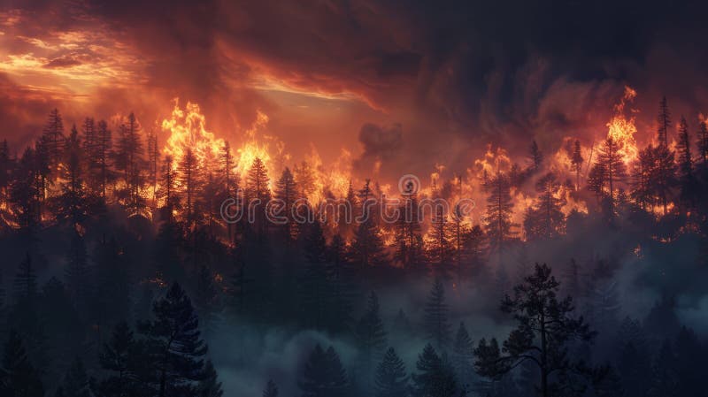 Forest Fire at Sunset with Smoke, Dramatic Scene. Environmental ...