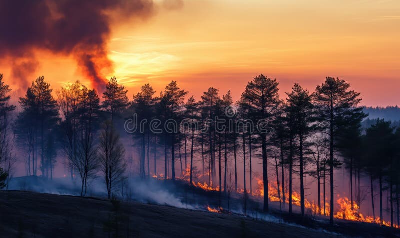 Forest Fire at Sunset with Smoke and Flames Stock Image - Image of ...