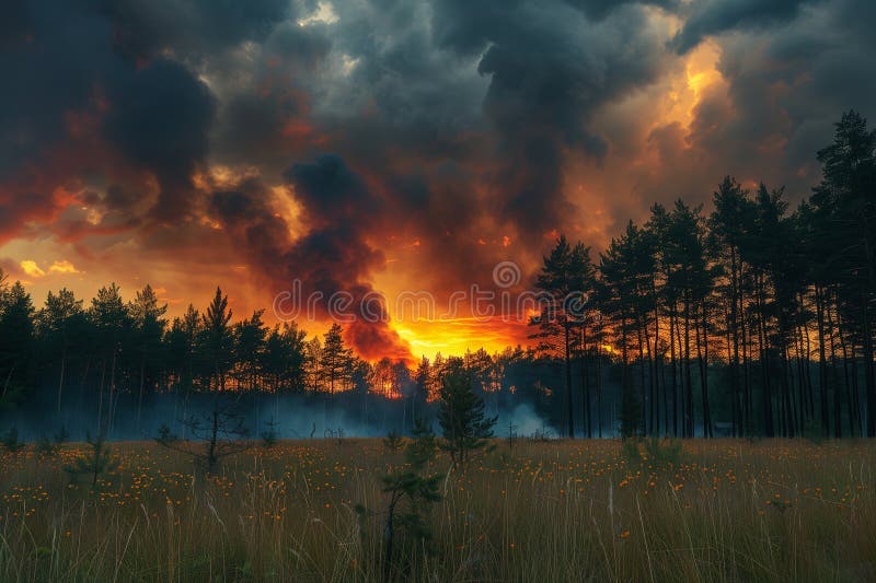 Forest Fire Sunset with Smoke and Silhouetted Trees Stock Image - Image ...
