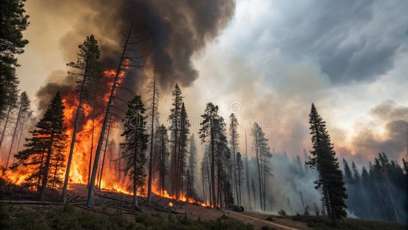 Forest Fire with Thick Smoke and Burning Trees. Generative AI Stock ...