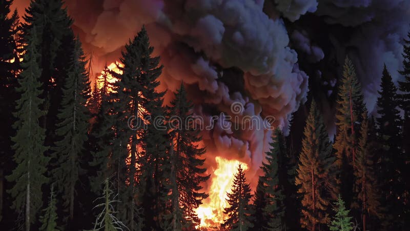 Forest Fire with Towering Flames and Thick Smoke Engulfing Trees at ...
