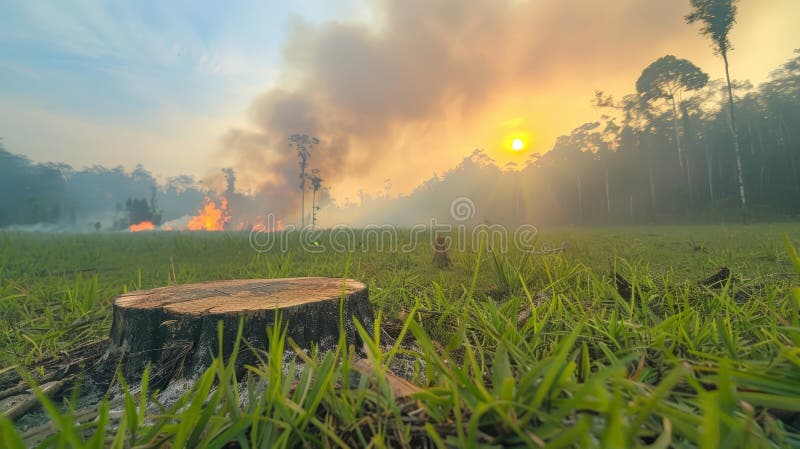 Forest Fire and Tree Stump at Sunset Stock Illustration - Illustration ...