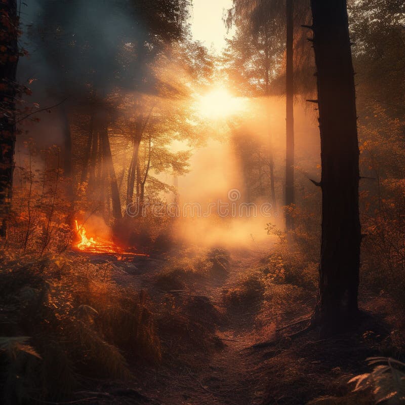 Forest Fire, Trees Engulfed in Smoke, AI Generative Stock Image - Image ...