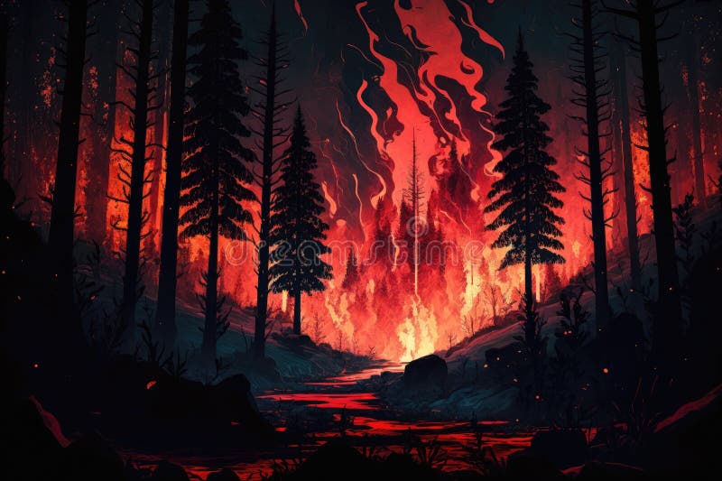 Forest Fire Ultrarealistic Art Night. Generative AI Stock Illustration ...