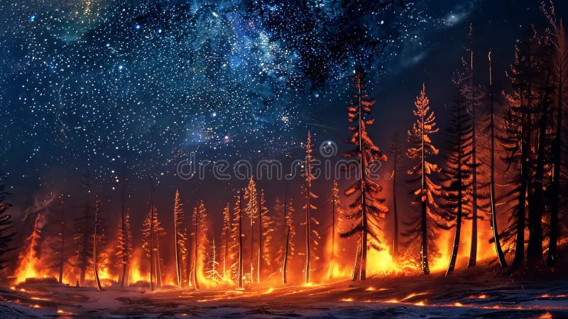 Forest Fire Under a Starry Night Sky, Dramatic Landscape. Nature ...