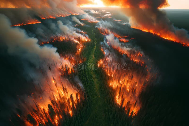 A Forest Fire, a Wide View of the Burning Landscape from Above Stock ...
