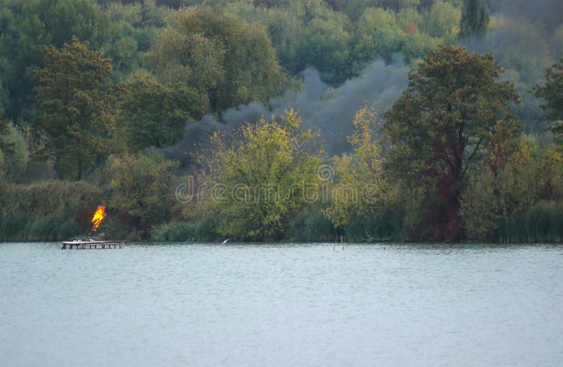 Forest Fire, Wildfire. Night in the Forest with Reflection at River ...