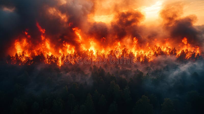 Forest Fire Wildfire at Night Time on the Mountain with Big Smoke Stock ...