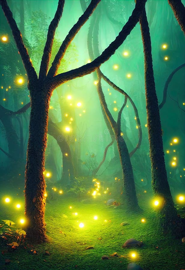 A Forest with Fireflies in the Trees and Lights on the Ground at Night ...