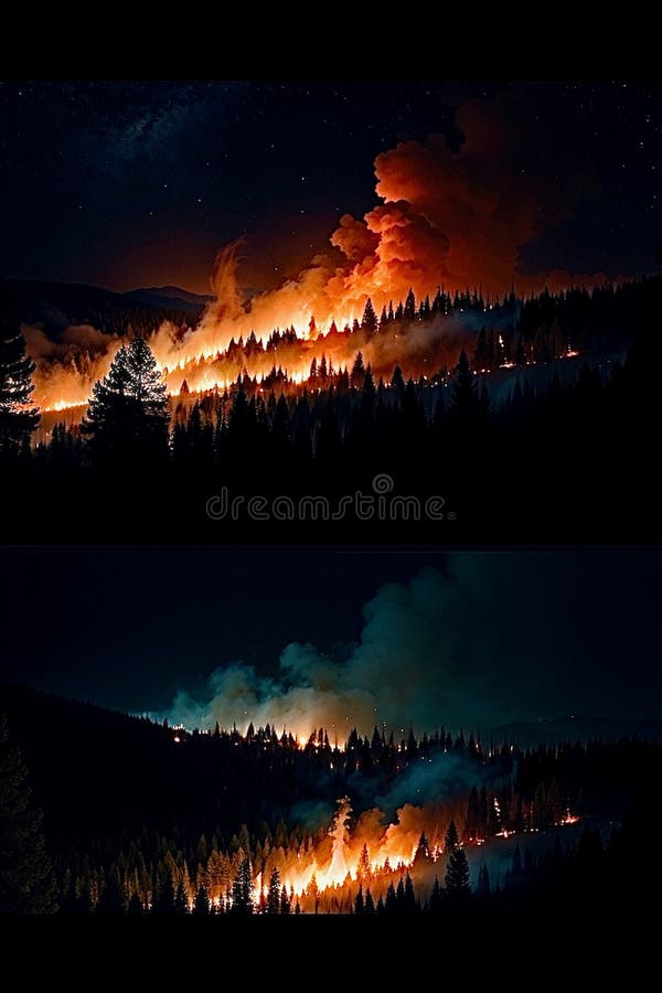 Forest Fires in the Night. AI Generated Stock Illustration ...
