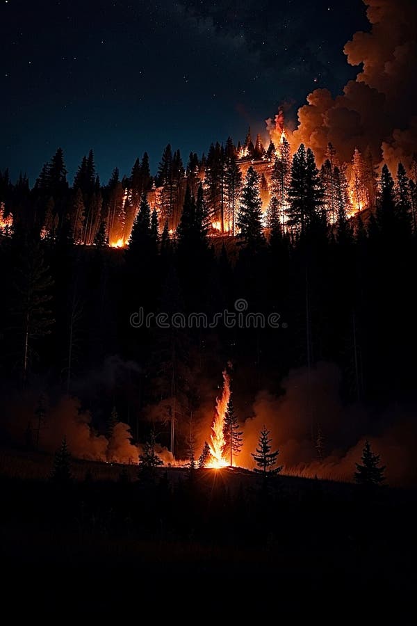 Forest Fires in the Night. AI Generated Stock Illustration ...