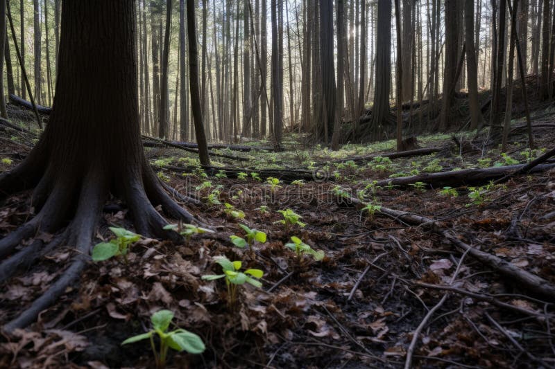 Forest Floor with New Saplings Growing among Tall Trees Stock Photo ...