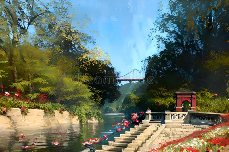 Forest and Flowers Tree and River Stock Illustration - Illustration of ...