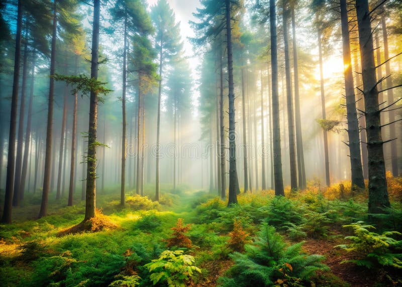 Forest in Fog with Trees and Sunlight Shining through the Trees.AI ...