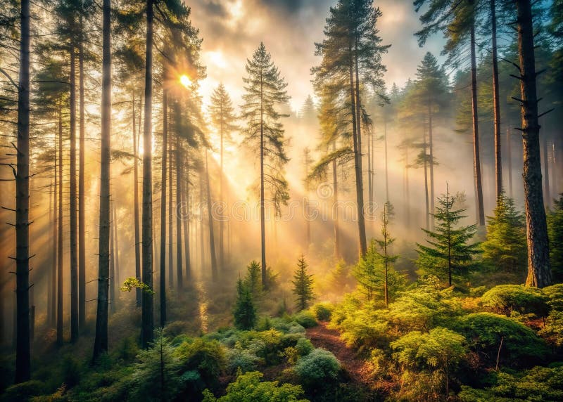 Forest in Fog with Trees and Sunlight Shining through the Trees.AI ...