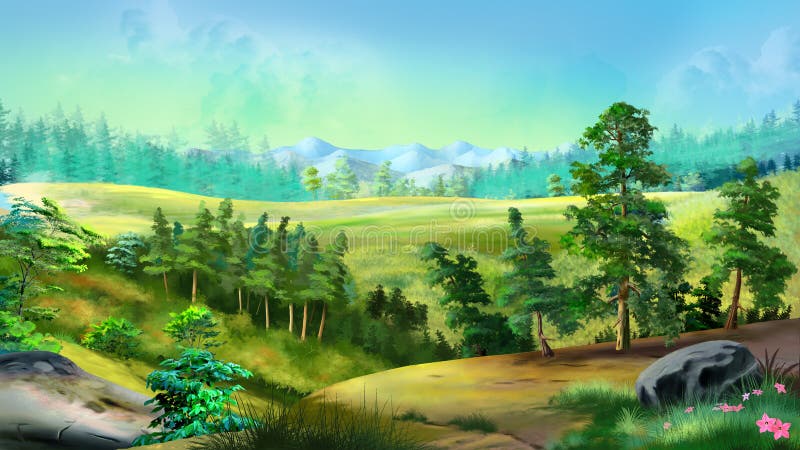 The Forest at the Foot of the Mountains Stock Illustration ...