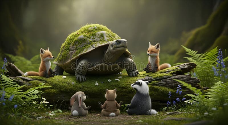 Forest Friends: a Mossy Turtle and Meditating Animals in a Lush Green ...