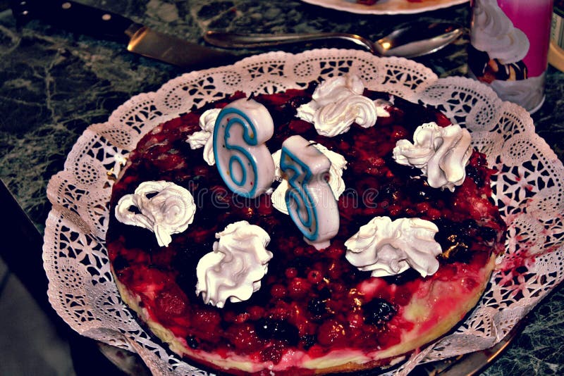 Forest Fruit Cake with Number 63 Stock Image - Image of candles, baked ...