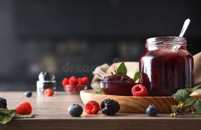 Forest Fruit Jam in Glass Jars on a Wooden Bench Stock Image - Image of ...