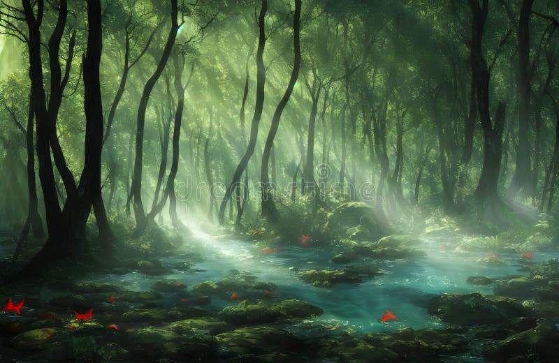 Forest in Glare of Sunlight with Red Fish, Generative AI Illustration ...