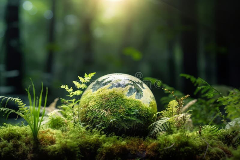Globe on Moss in Forest, Environmental Concept Stock Illustration ...