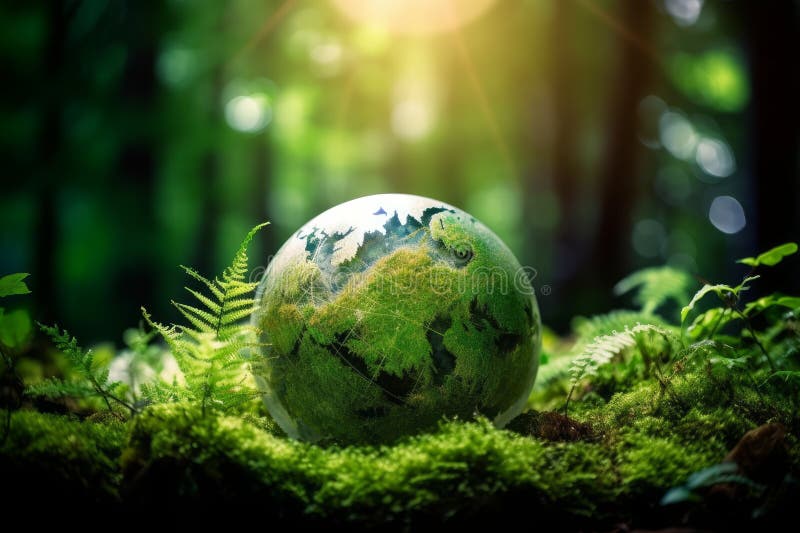 Globe on Moss in Forest, Environmental Concept Stock Illustration ...