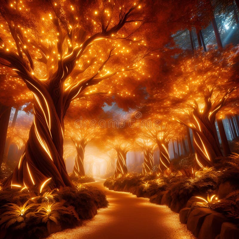 Forest Glow: Tree Lights Illuminate the Path, a Beacon of Hope. Stock ...