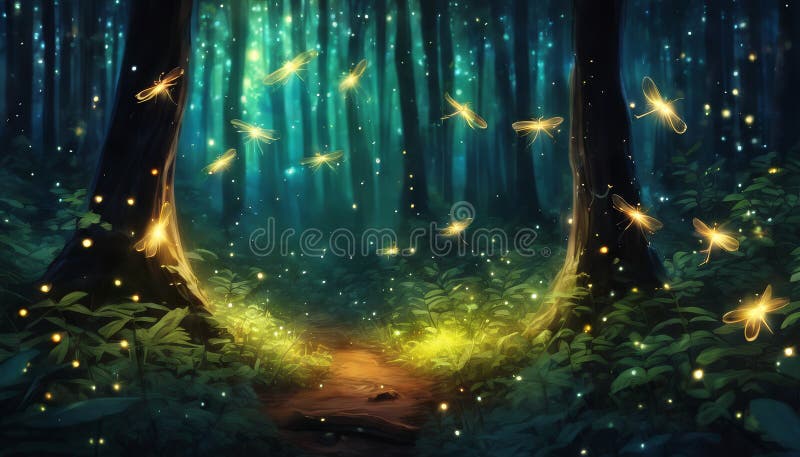 A Forest with Glowing Fireflies Flying Around the Trees Stock Image ...