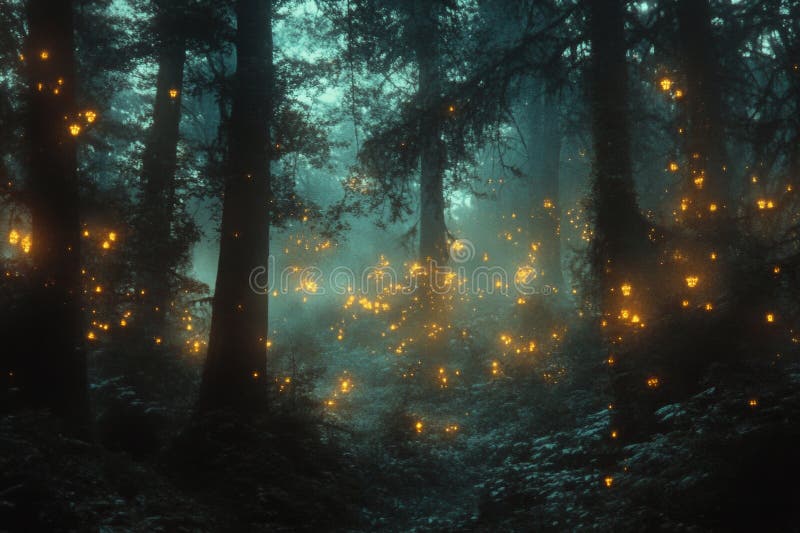 Forest with Glowing Lights in the Trees Stock Illustration ...