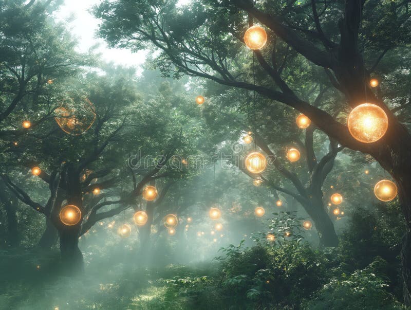 A Forest with Glowing Orbs Hanging from the Trees Stock Image - Image ...