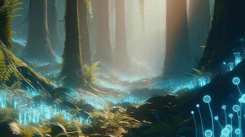 A Forest with Glowing Trees Stock Illustration - Illustration of foggy ...