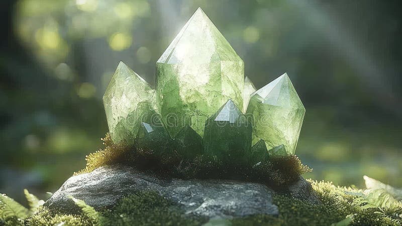 Forest Green Crystals Sunlight Moss Rock Fantasy Stock Illustration ...