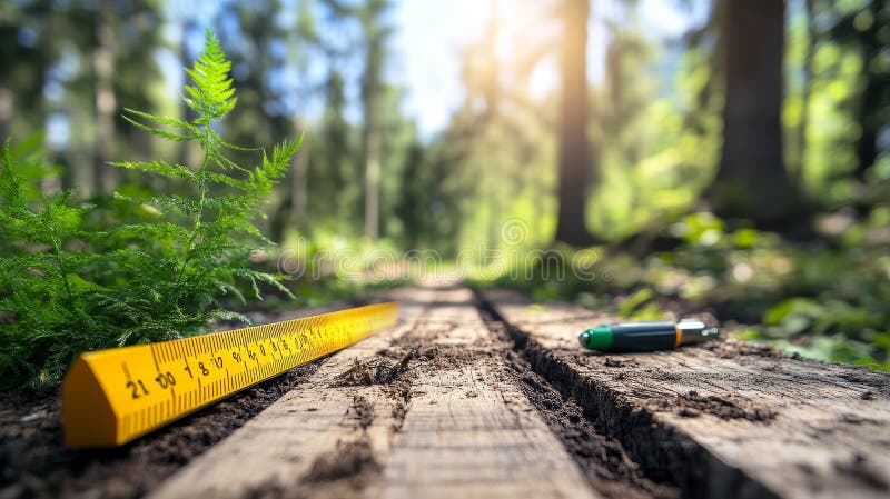 Forest Growth Track Measurement a Yellow Measuring Tool Rests on a ...