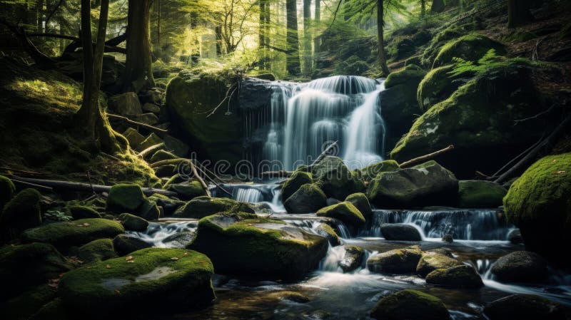 A Forest with a Hidden Waterfall and Green Trees and Plants Stock ...