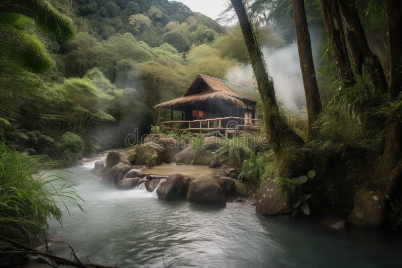 Forest Hideaway with Natural Hot Spring and Steam Rising from the Water ...