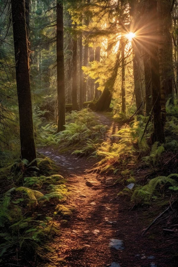 Forest Hiking Trail with Sun Rays Peeking through Stock Illustration ...
