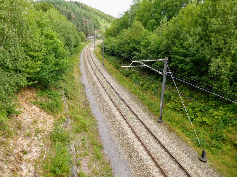 Forest Hill with Train Track and Wiring Infrastructure. Landscape View ...